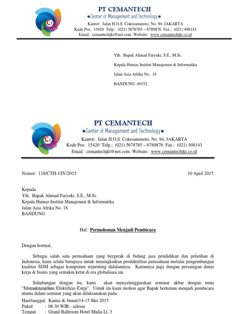 PT CEMANTECH (Permohonan Menjadi Pembicara) Bener | PDF | Karier ...
