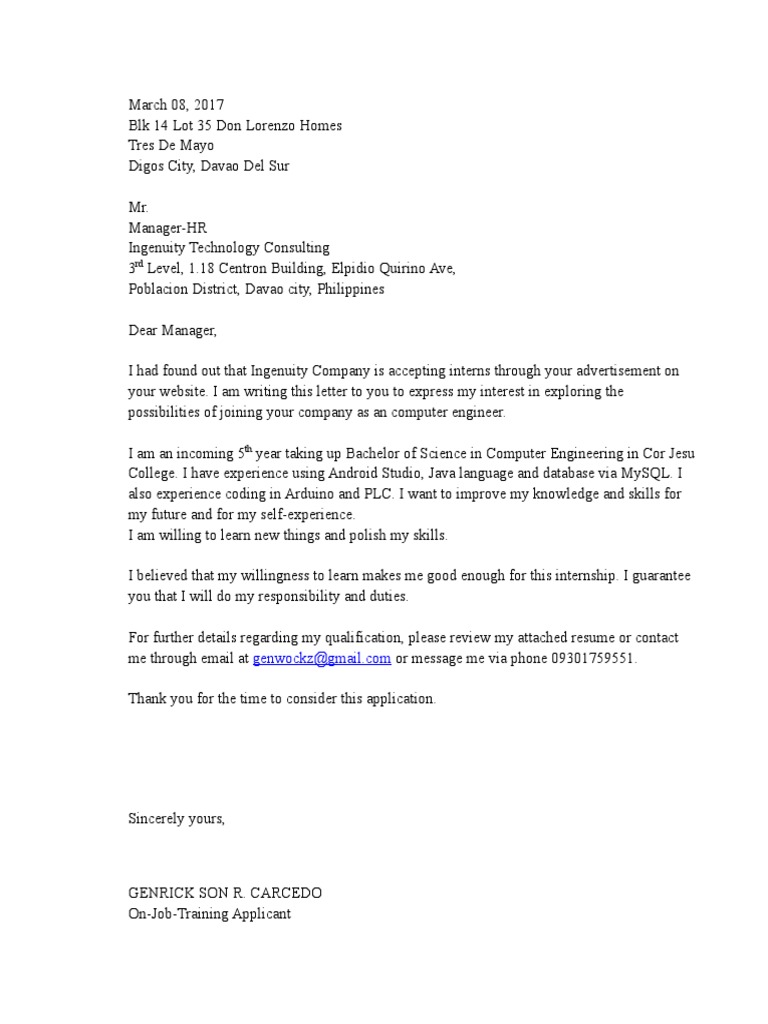 Application Letter OJT | PDF | Communication | Computing And ...