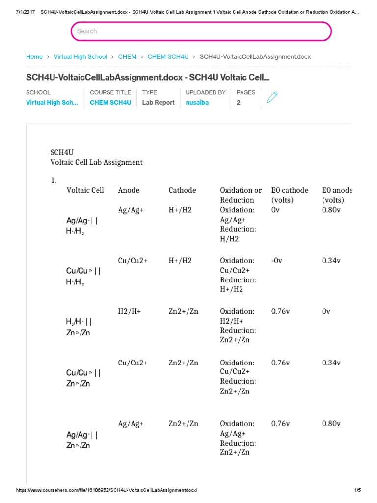 SCH4U VoltaicCellLabAssignment | PDF | Redox | Anode