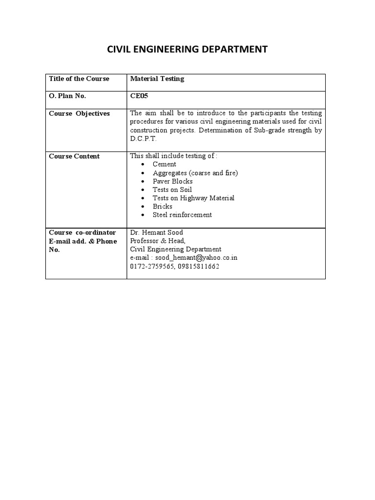 Civil Engineering Department: Title of The Course Material Testing O ...