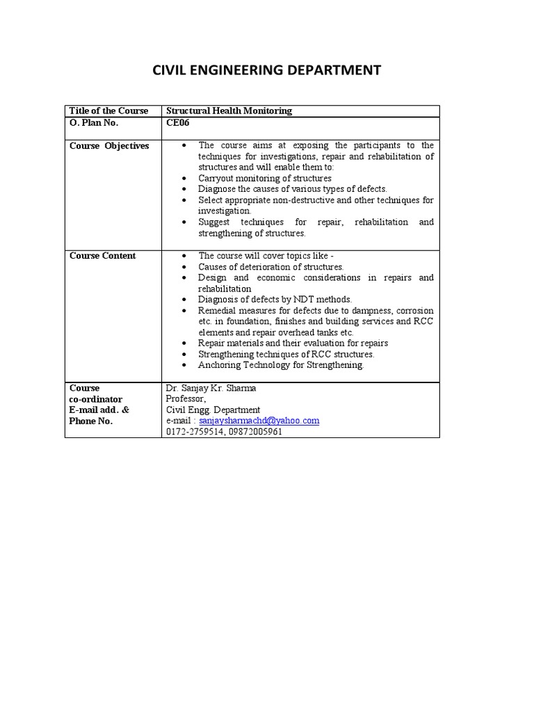 Civil Engineering Department: Title of The Course Structural Health ...