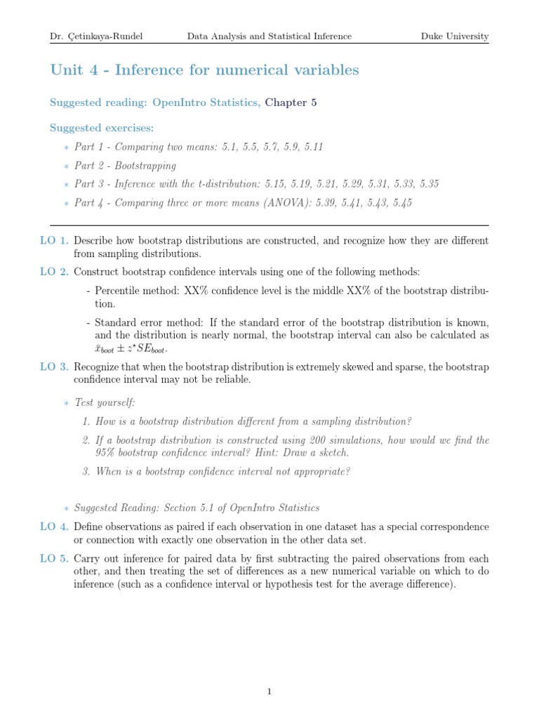 Unit 4 - Inference For Numerical Variables: Suggested Reading: Openintro Statistics, Suggested ...