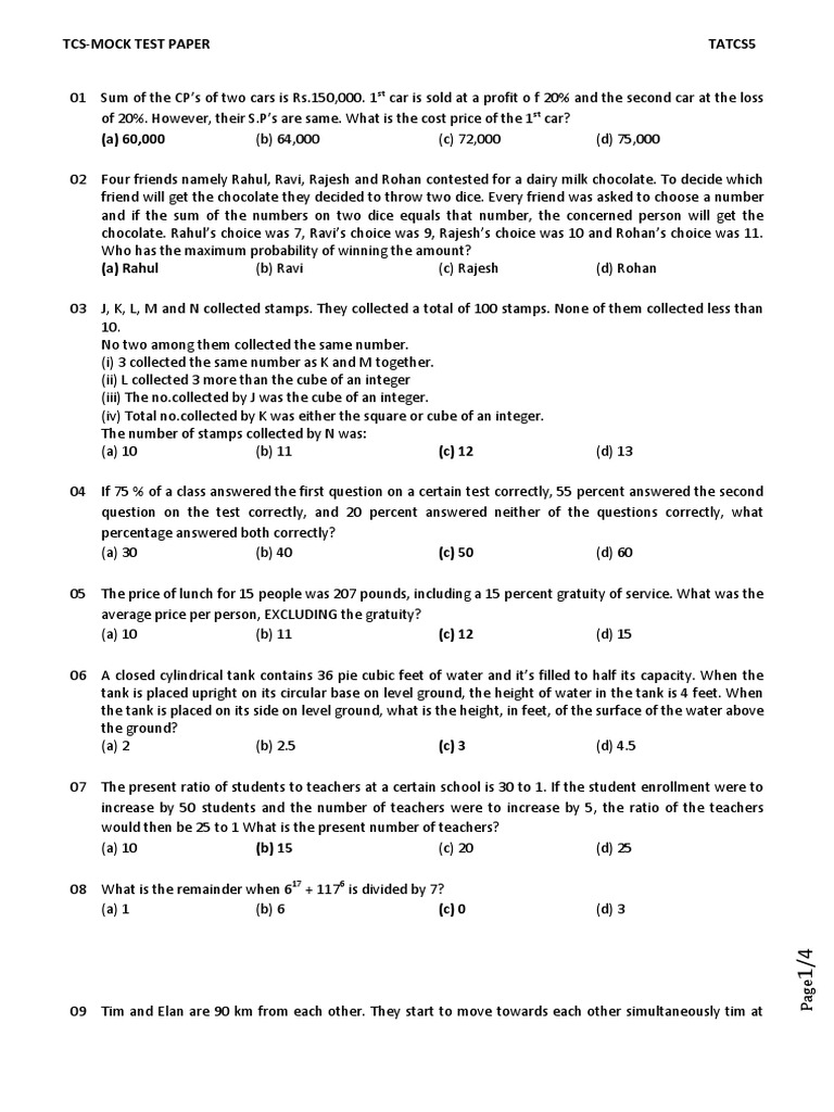 Tcs-Mock Test Paper Tatcs5 | PDF | Percentage | Triangle
