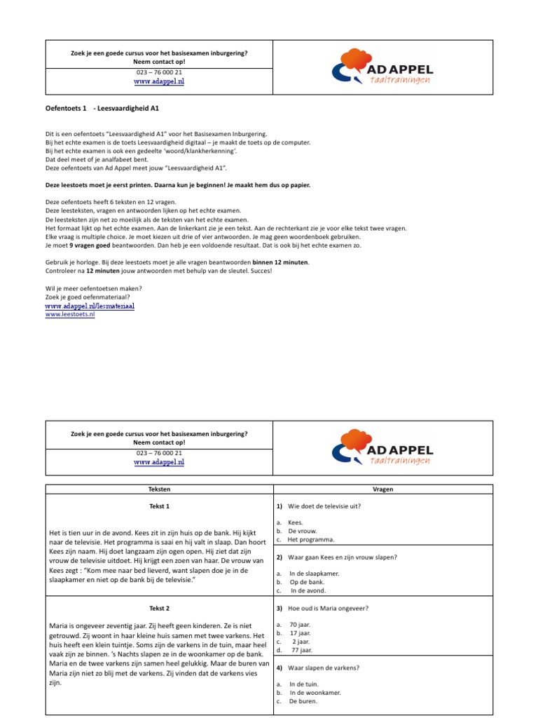 Oefentoets 1 Leesvaardigheid A1 Basisexamen Inburgering 1 1