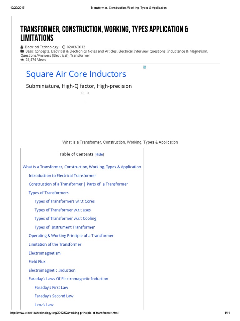 Transformer Construction Working Types And Application Pdf