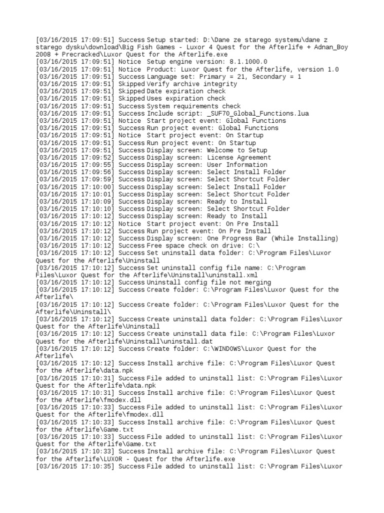 Luxor Quest For The Afterlife Setup Log | PDF | Computer Data | System Software
