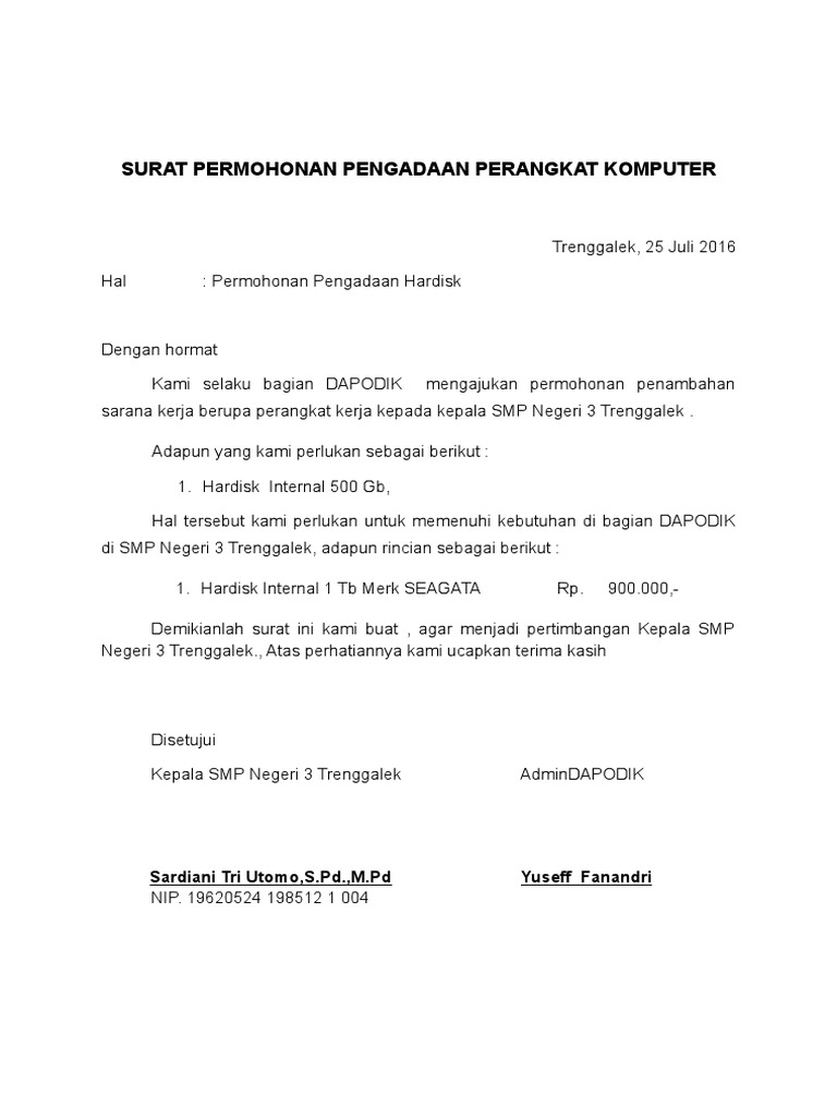 Surat Permohonan Pengadaan Komputer Dan Printer | PDF