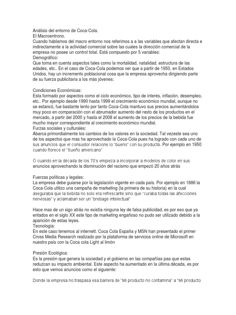 Análisis Del Entorno De Coca Cola Pdf Coca Cola Marketing