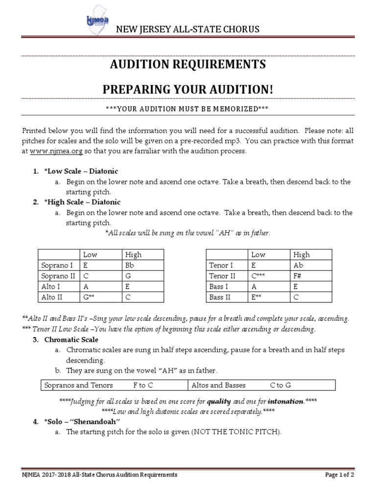 Audition Requirements Preparing Your Audition!: New Jersey All-State ...