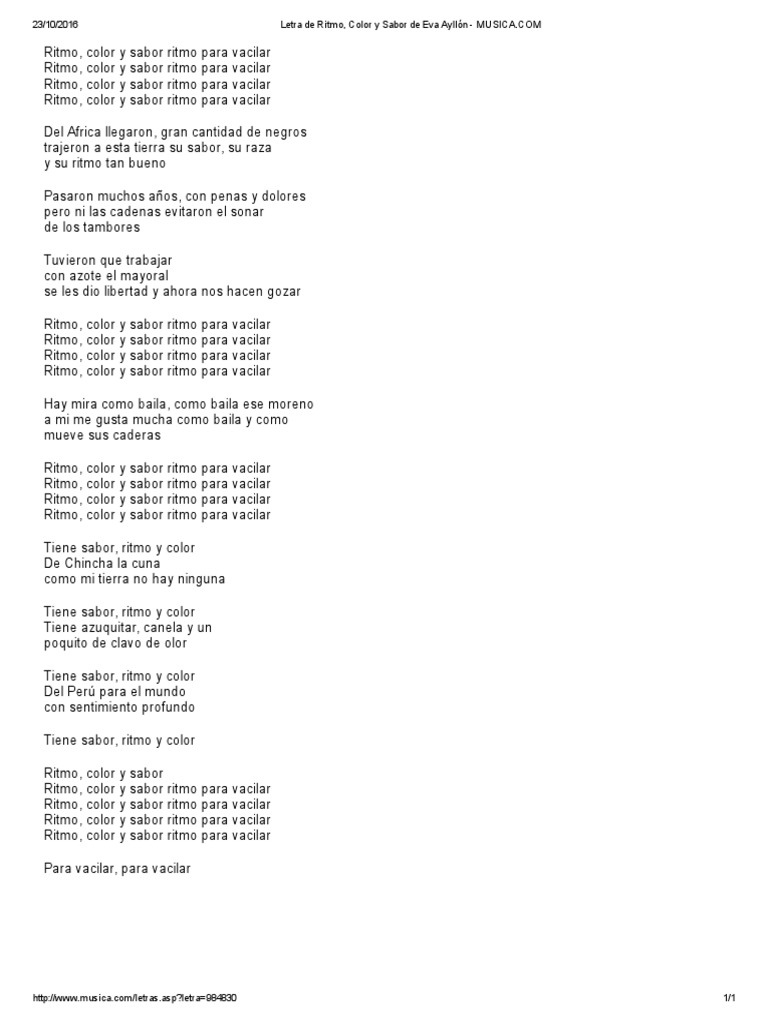 Letra de Ritmo, Color y Sabor de Eva Ayllón - MUSICA
