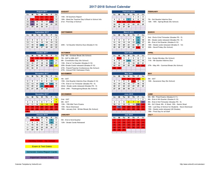 2017-2018 School Calendar Overview | PDF | Academic Term