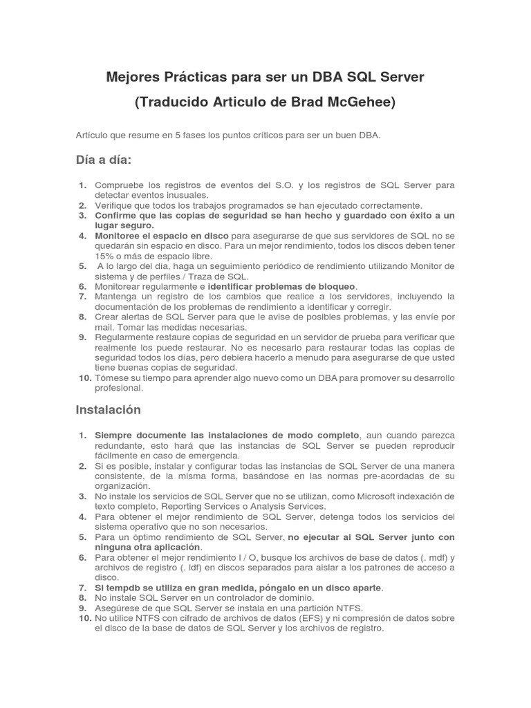 Mejores Prácticas para Ser Un DBA SQL Server | PDF | Servidor SQL de Microsoft | Servidor ...