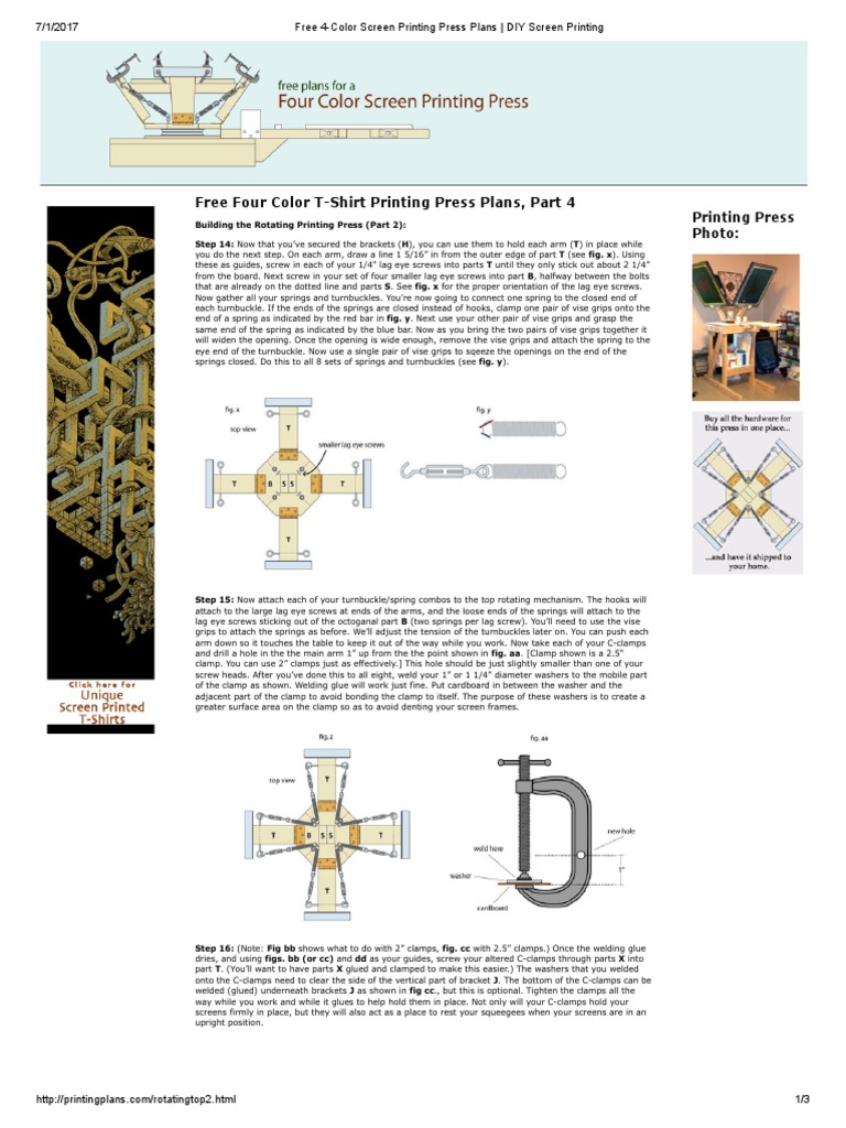 Free 4-Color Screen Printing Press Plans - DIY Screen Printing444 | PDF ...