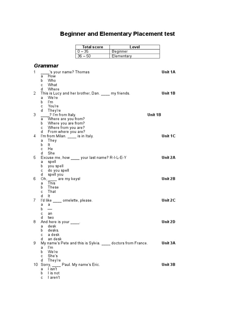 Beginner Elementary Placement Test | PDF | Leisure