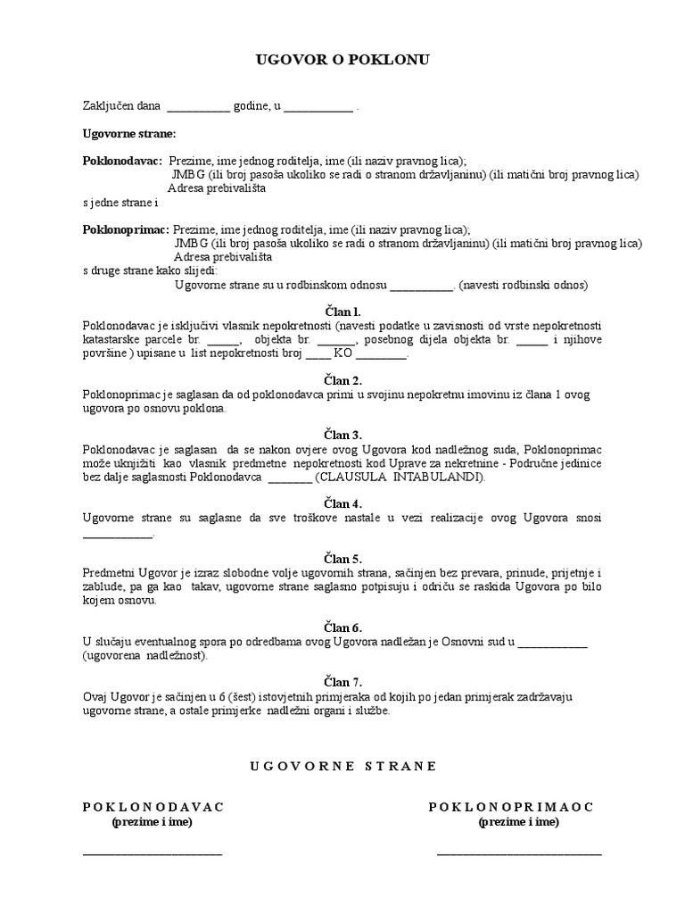 Ugovor O Poklonu: Ugovorne Strane | PDF