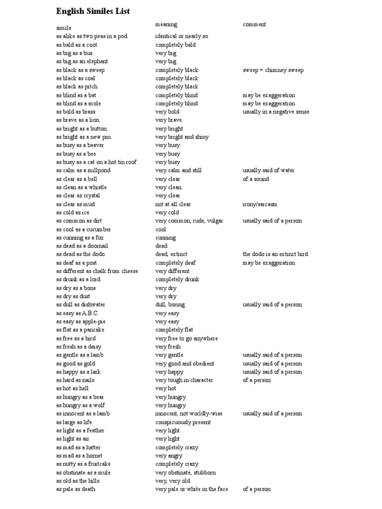 English Similes List | Download Free PDF | Nature