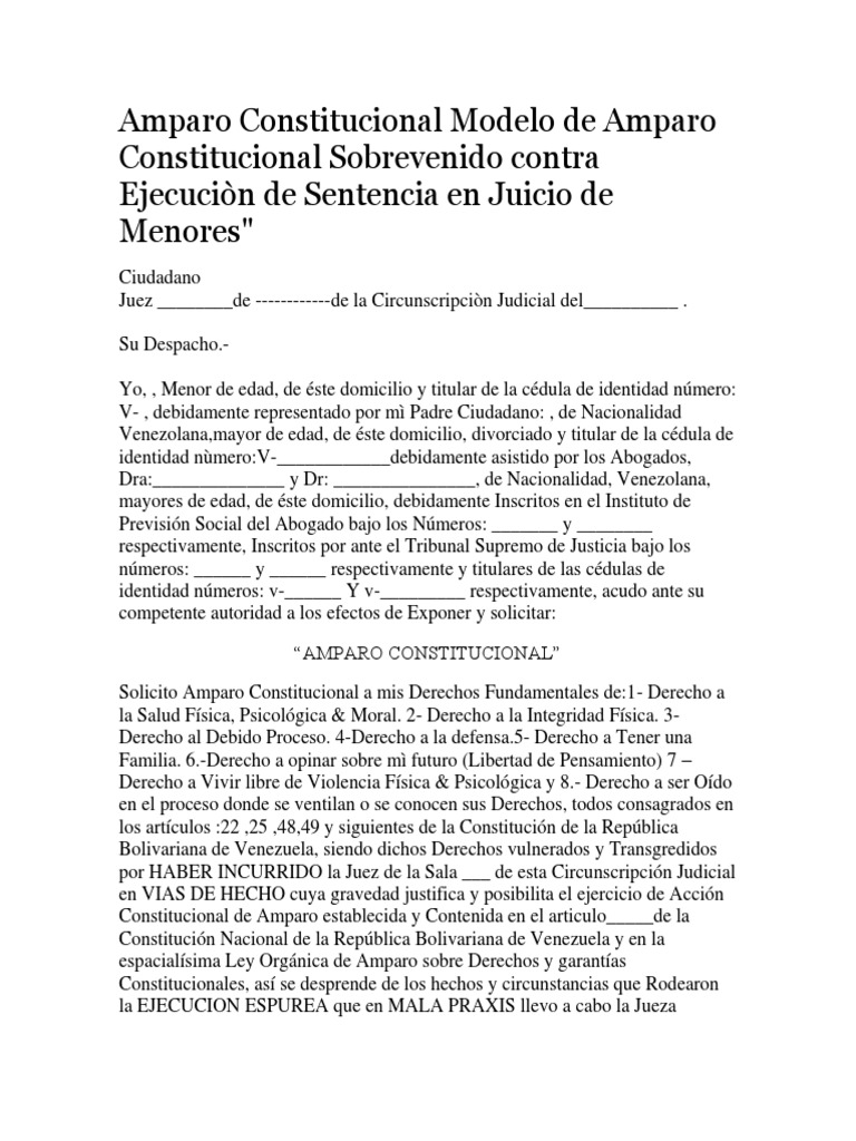 Amparo Constitucional Modelo de Amparo Constitucional Sobrevenido Contra Ejecuciòn de Sentencia ...
