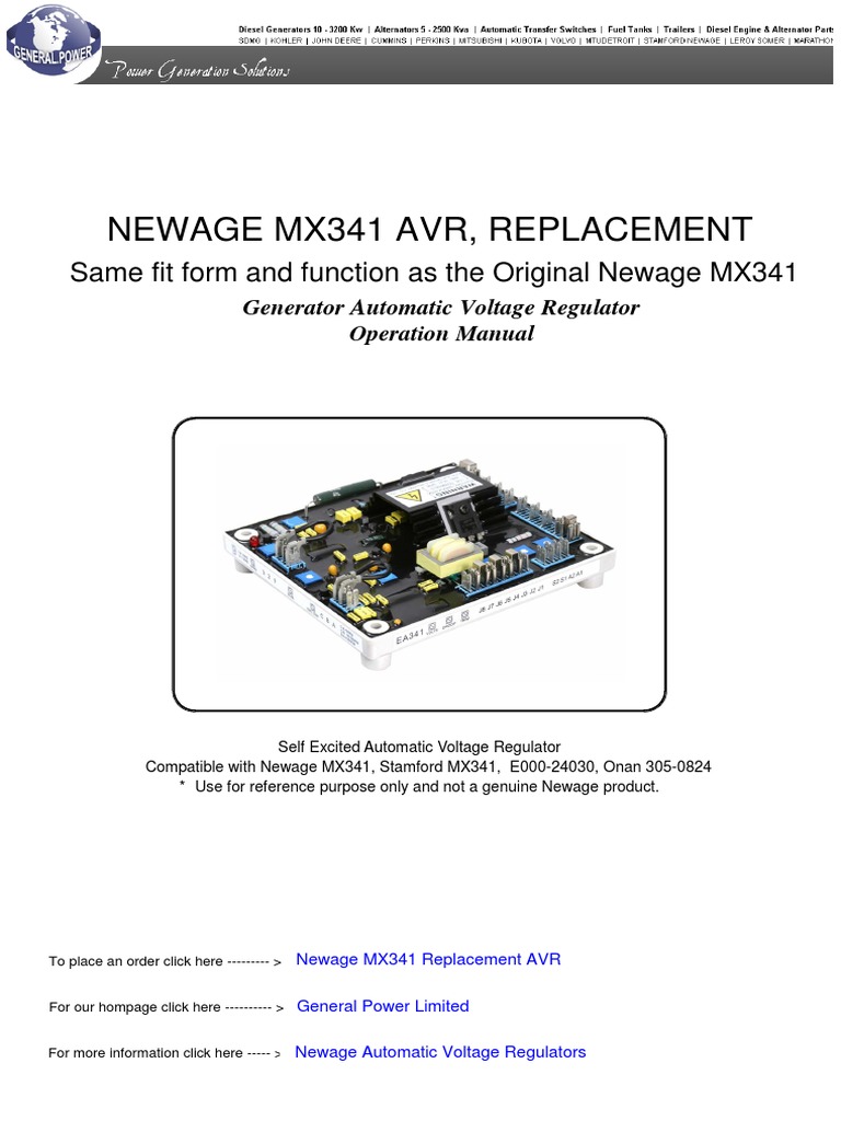 Newage MX341 Automatic Voltage Regulator PDF | PDF | Electric Generator ...