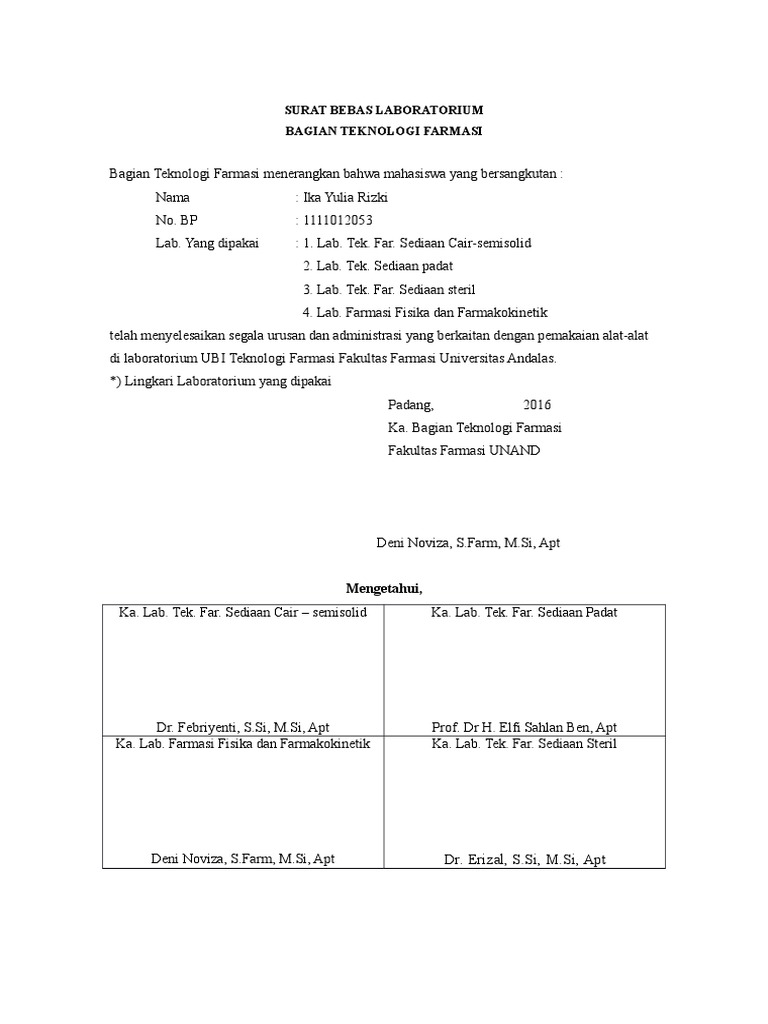 Surat Bebas Laboratorium | PDF