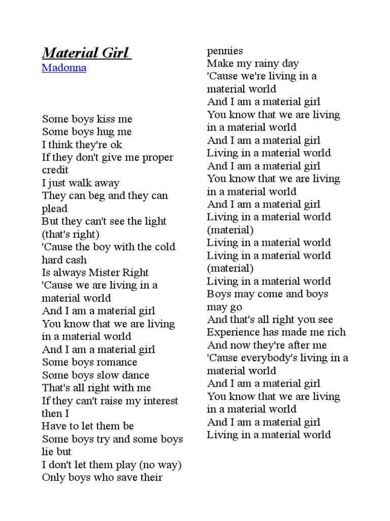 Madonna's "Material Girl" Lyrics Analysis | PDF | Art | Religion ...