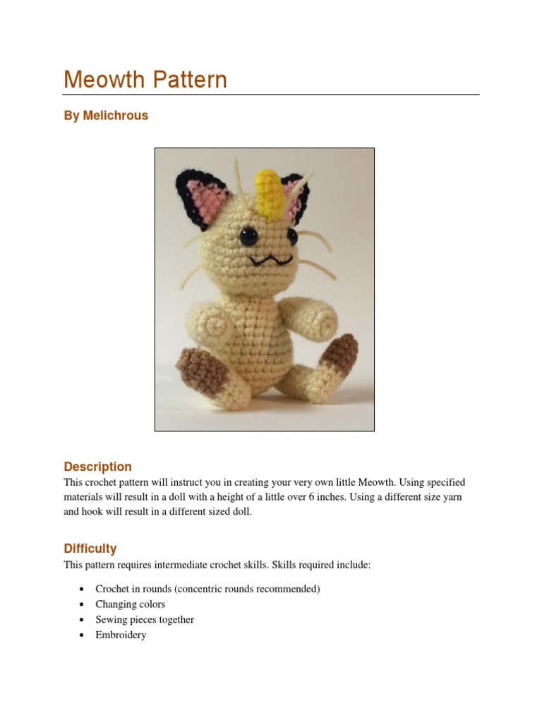 Meowth Pattern | PDF | Crochet | Handicrafts