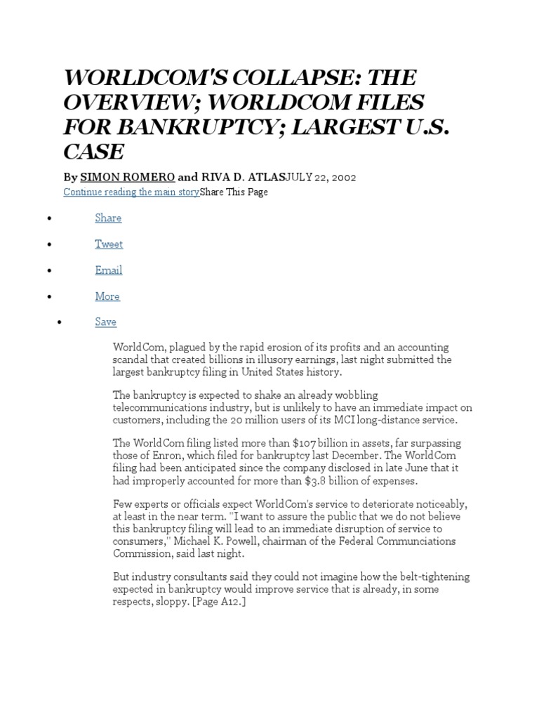 Worldcom'S Collapse: The Overview Worldcom Files For Bankruptcy Largest ...