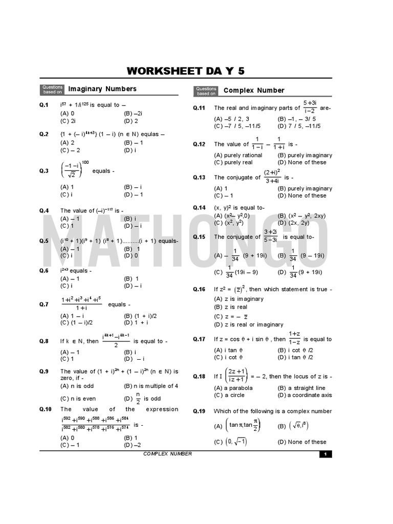 Worksheet on Imaginary Numbers and Complex Numbers | PDF | Complex ...