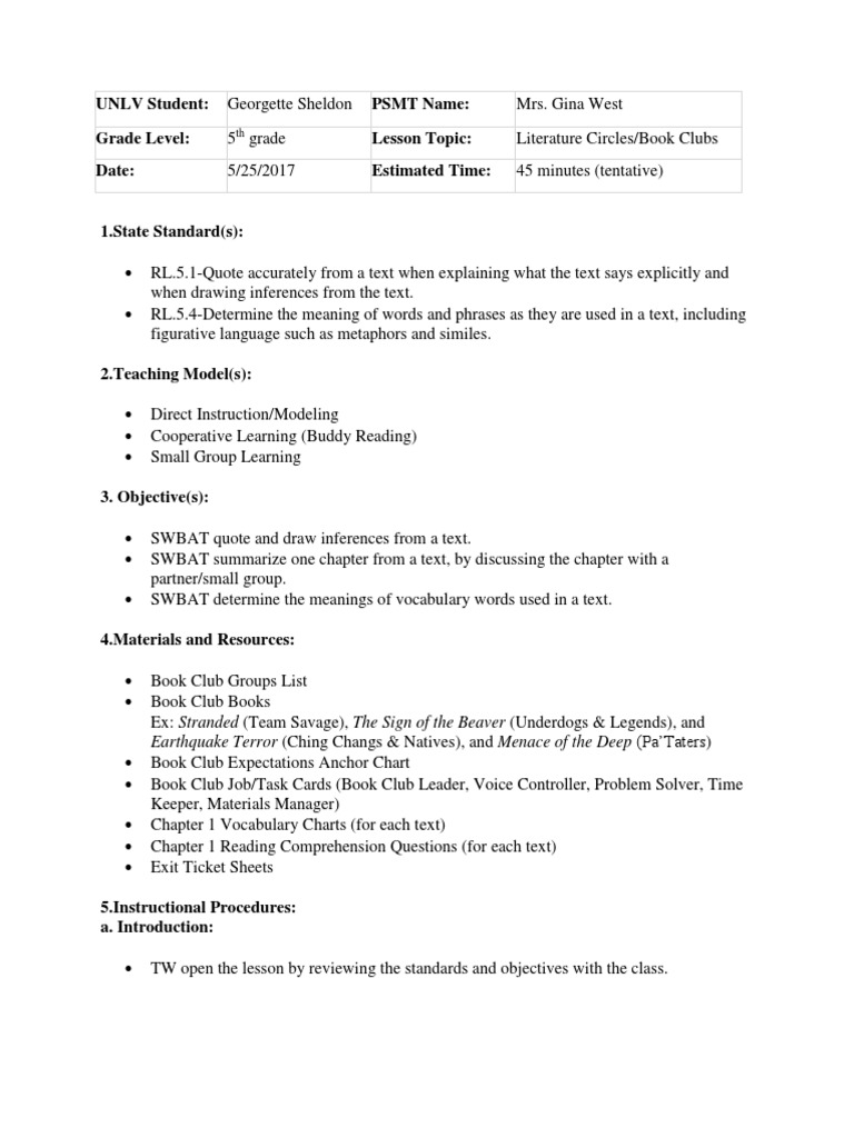 5th Grade Book Club Lesson Plan | PDF | Individualized Education ...