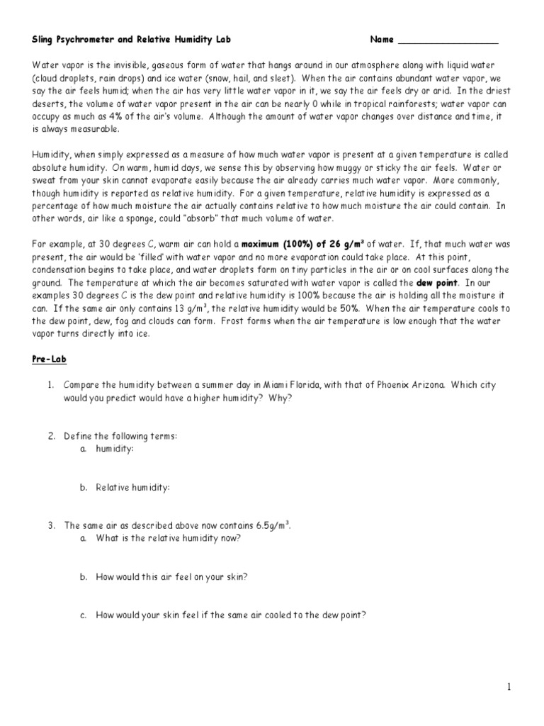 Sling Psychrometer and Relative Humidity Lab | PDF | Humidity | Water Vapor