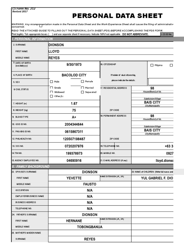 CS Form No. 212 Revised Personal Data Sheet - New | PDF | Educational ...