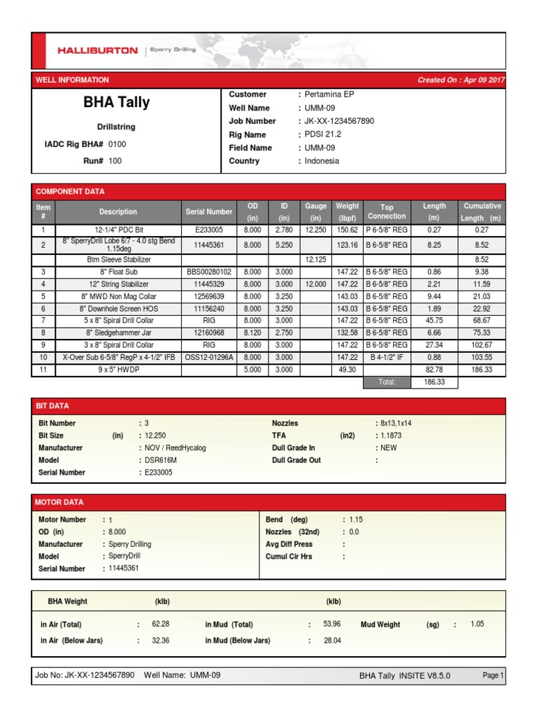 Example BHA Tally Directional Drilling 12.25 Section | Petroleum ...