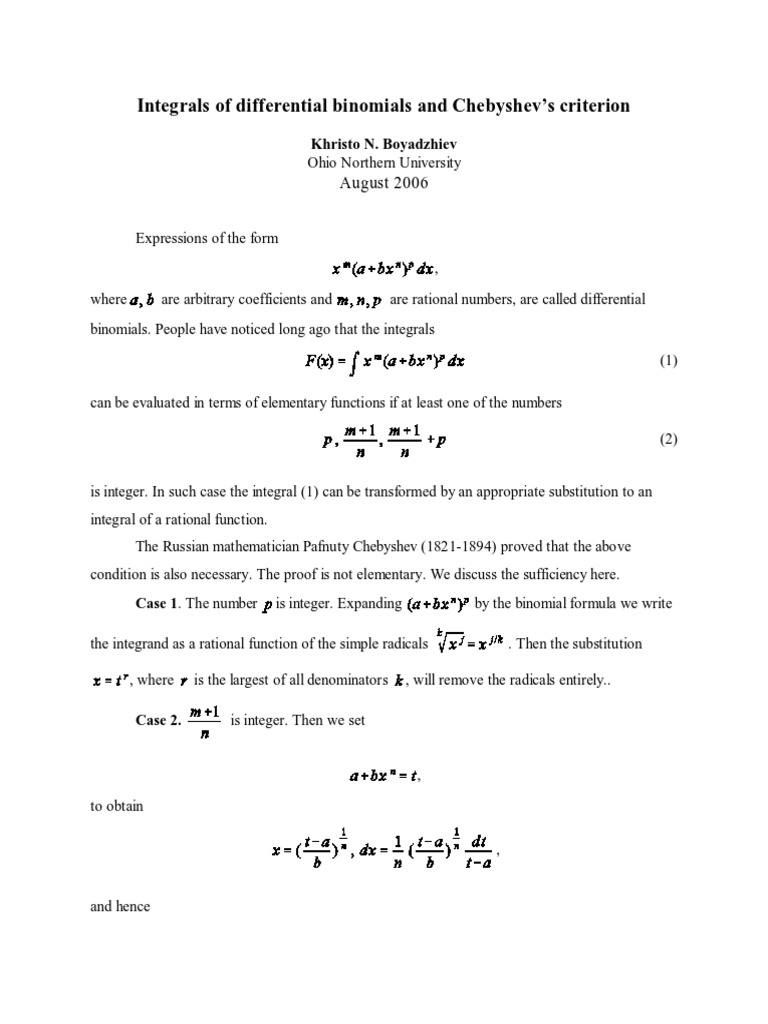 Integrals of Differential Binomials and Chebyshev's Criterion | PDF | Integral | Integer