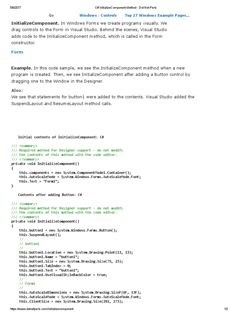 C Initializecomponent Method Dot Net Perls Pdf C Sharp Programming Language Microsoft