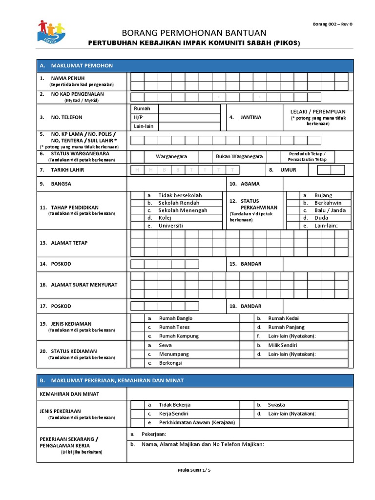 Sample Borang Permohonan Bantuan Kebajikan | PDF