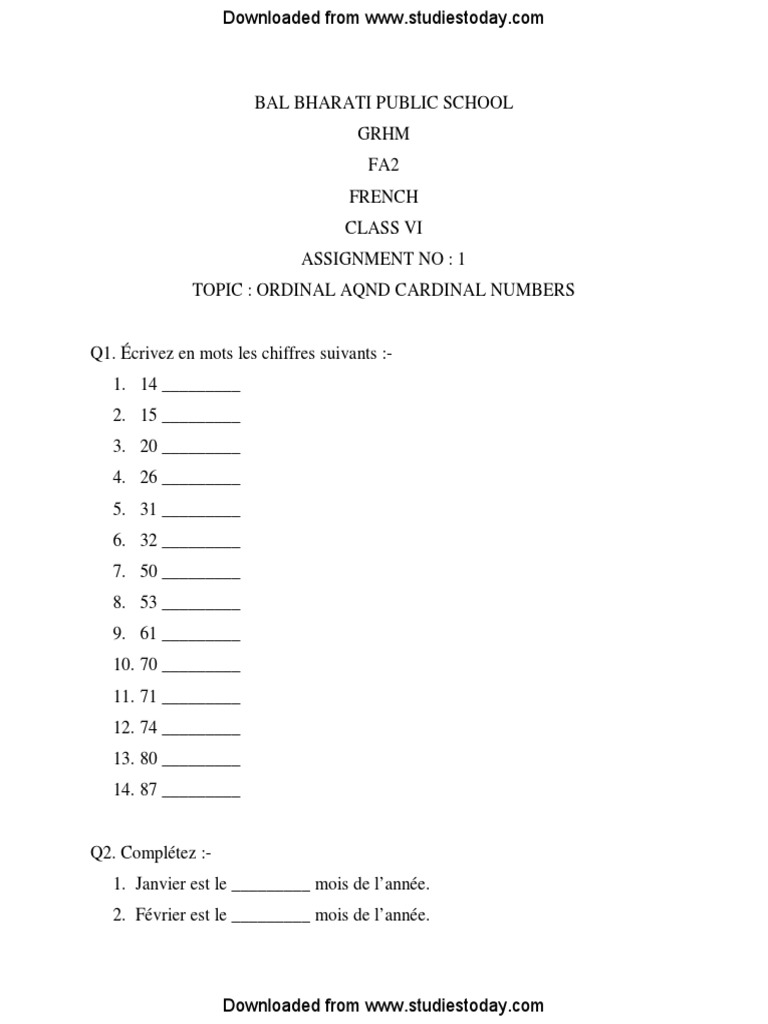 CBSE Class 6 French Practice Worksheets | PDF