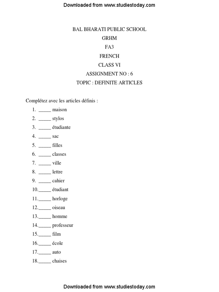 CBSE Class 6 French Practice Worksheets-98 | PDF