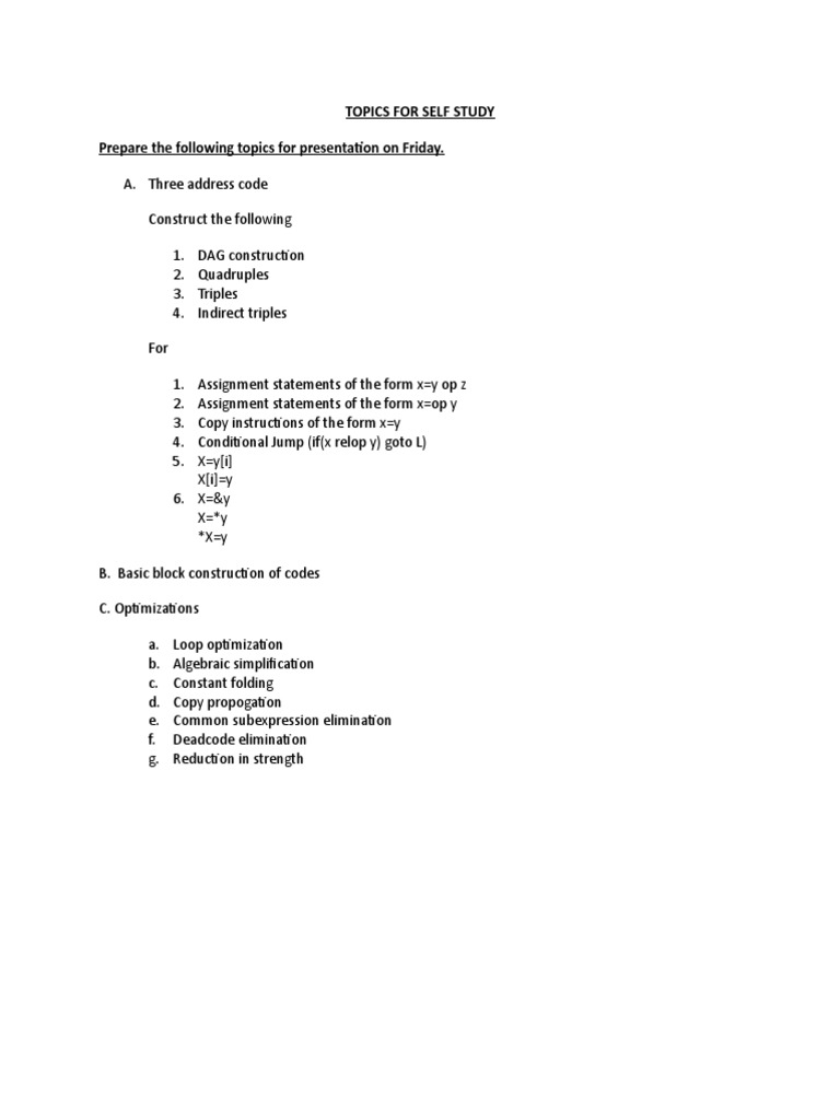 Self-Study Topics for Code Optimization | PDF | Teaching Methods ...