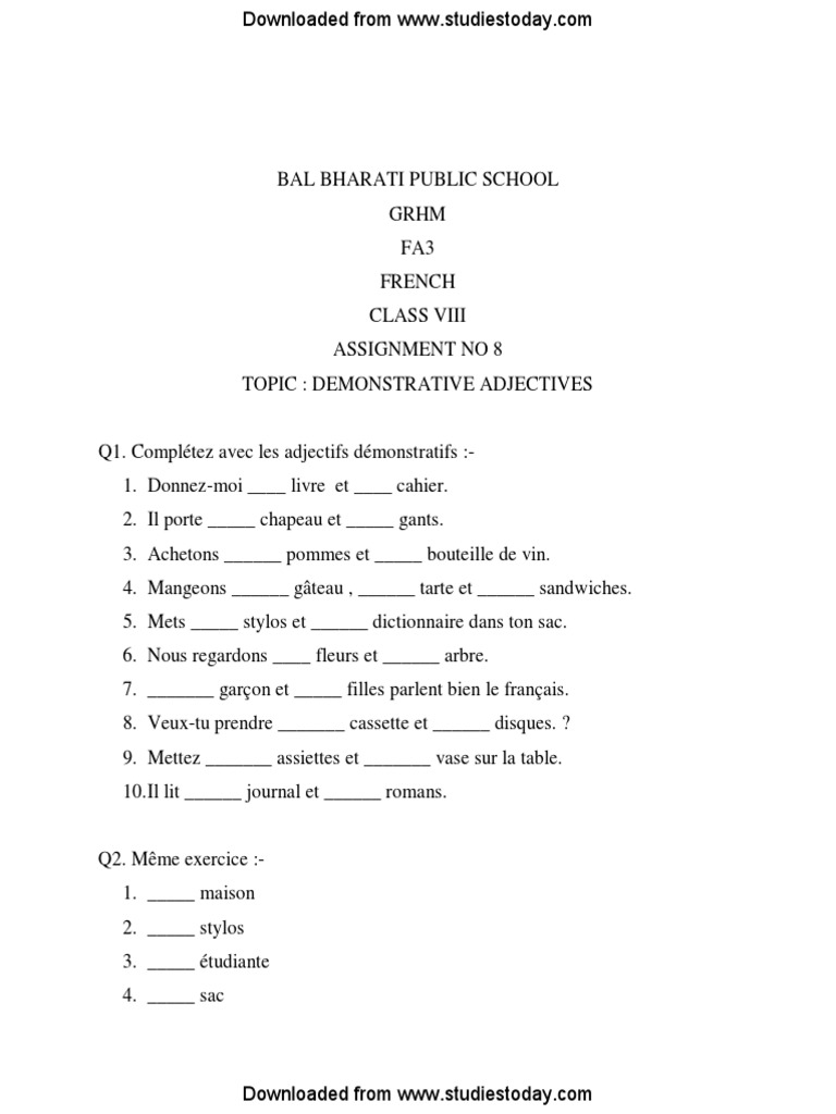 CBSE Class 8 French Worksheet | PDF