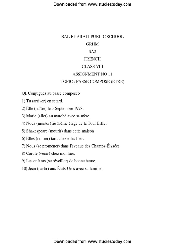 CBSE Class 8 French Worksheet | PDF