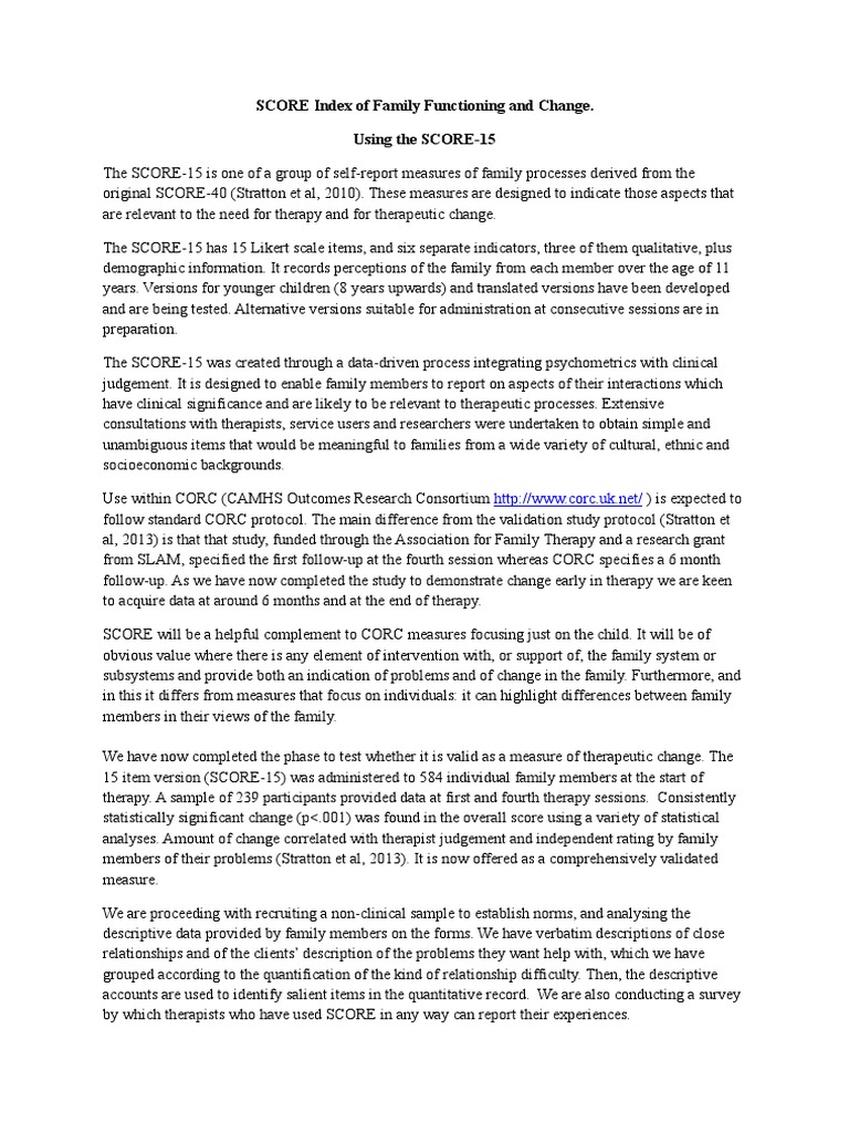 SCORE-15: Family Functioning Measure | PDF | Psychotherapy | Clinical ...