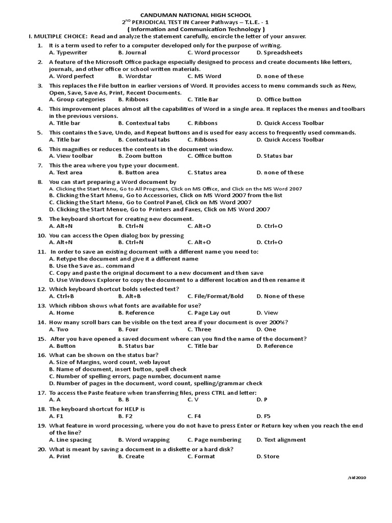 Second Quarter Test Word Excel | Microsoft Excel | Microsoft Word