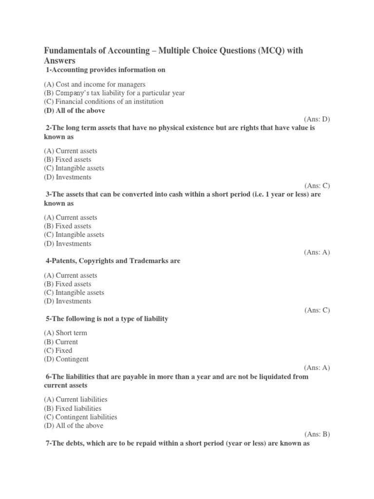 Fundamentals of Accounting - Multiple Choice Questions (MCQ) With ...