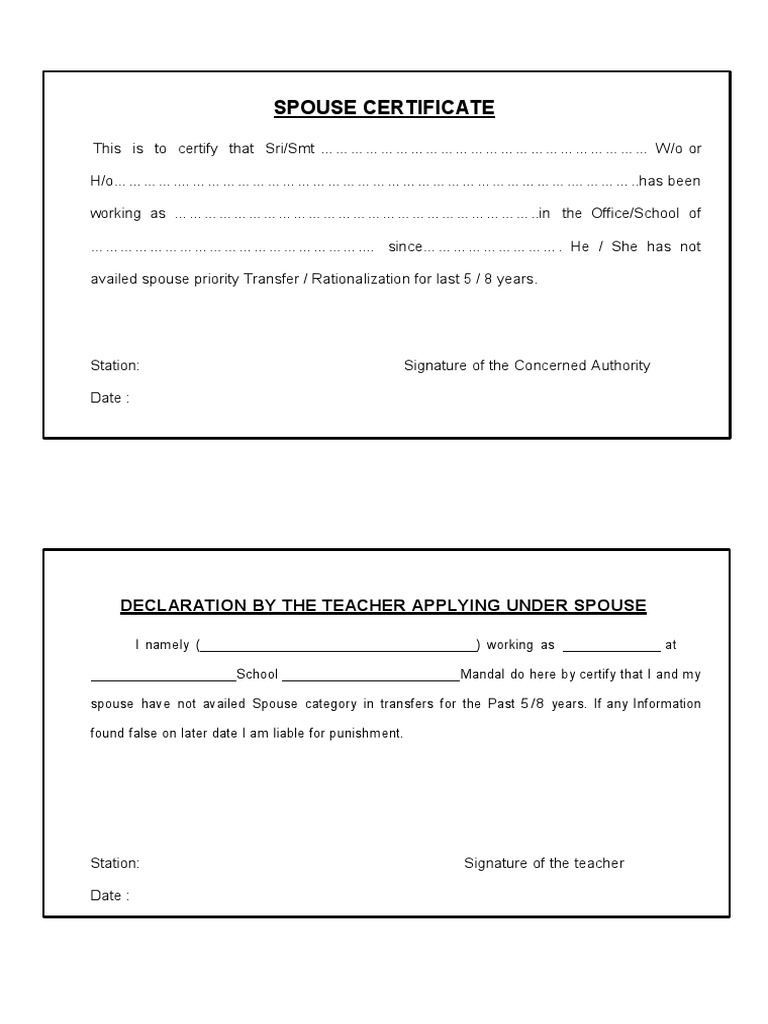 Spouse Certificate: Declaration by The Teacher Applying Under Spouse ...
