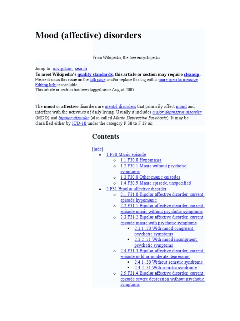 Mood (Affective) Disorders: To Meet Wikipedia's, This Article or ...