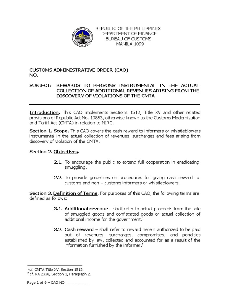 Draft Bureau of Customs Order - Reward To Persons Instrumental in The ...