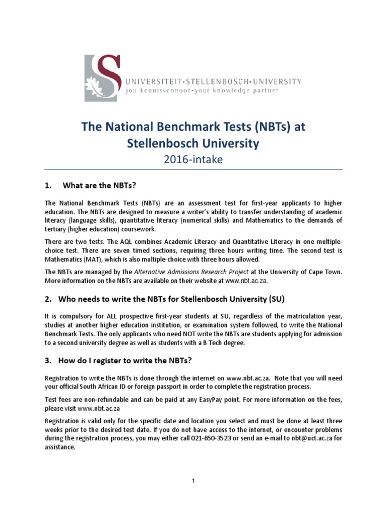 Stellenbosch University NBT Requirements | PDF | University And College ...