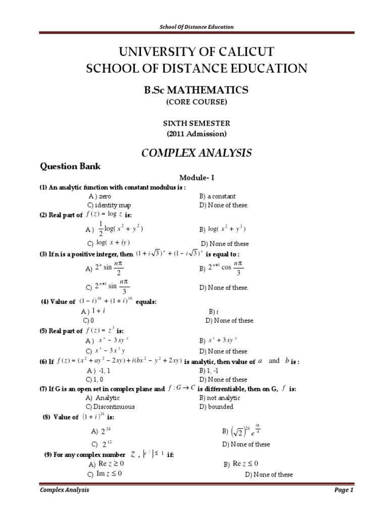 Qbank VI Sem Complex Analysis | PDF | Power Series | Complex Number