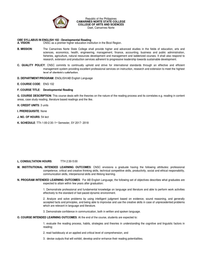 Developmental Reading Syllabus OBE | PDF | Reading (Process) | Reading ...