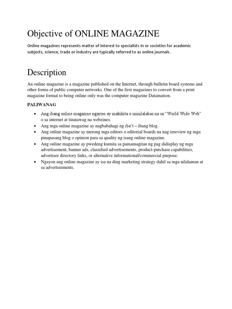 Objective of ONLINE MAGAZINE: Description | PDF