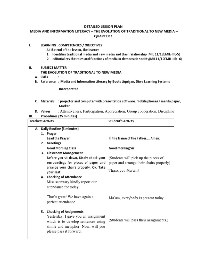 Detailed Lesson Plan Mil | PDF | New Media | Mass Media